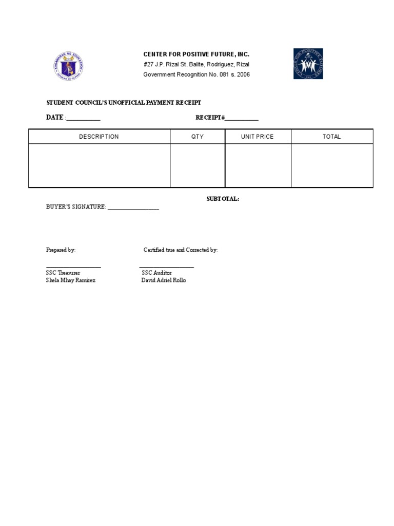 Student Council Unofficial Receipt Template | PDF | Finance & Money ...