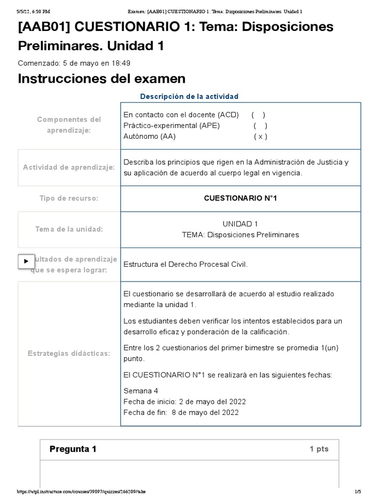 CUESTIONARIO 1 - Tema - Disposiciones Preliminares. Unidad 1 | PDF | Ley procesal | Gobierno