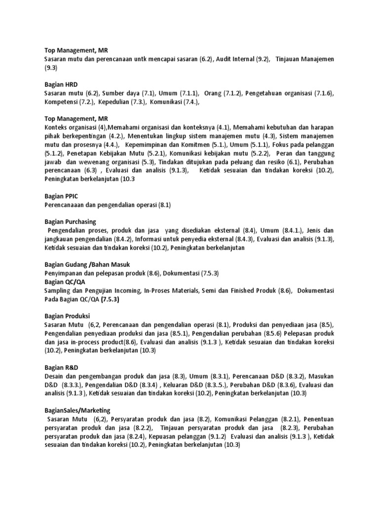 Klausul ISO 9001 2015 Berdasarkan Dept | PDF | Bisnis | Teknologi & Rekayasa