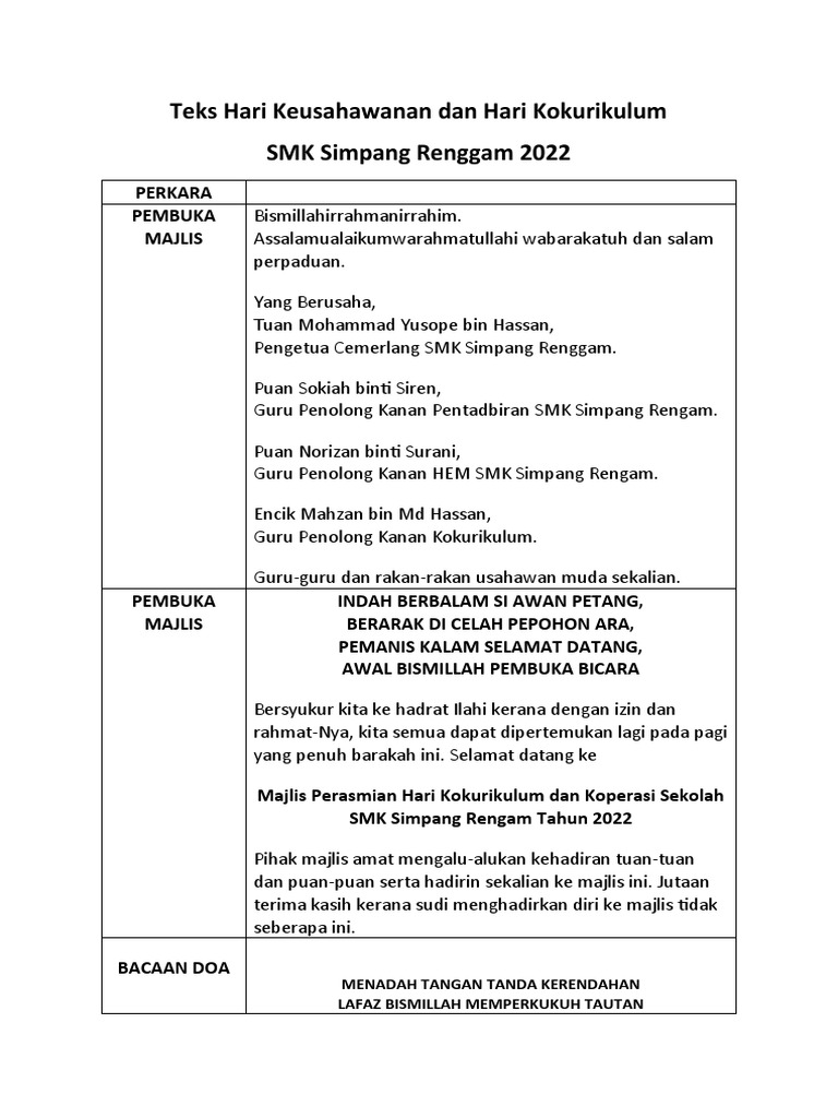 Teks Pengacara Majlis Perasmian H2K SMKSR 2022 | PDF