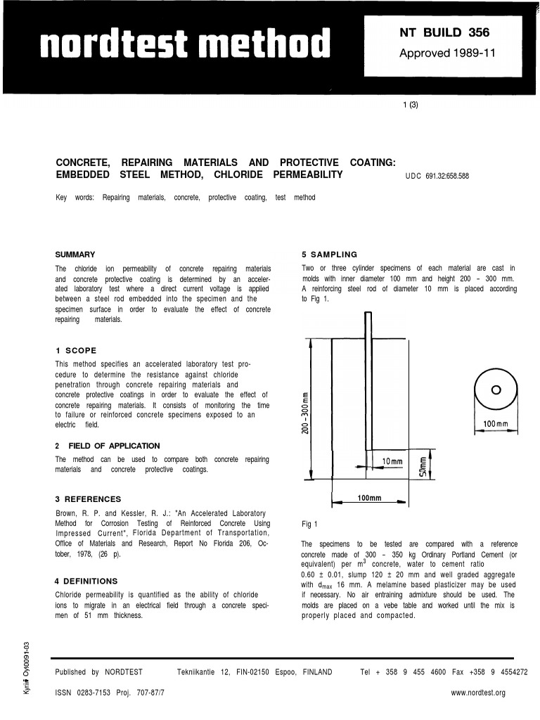NT Build 356 - Embedded Steel Method, Chloride Permeability | PDF ...