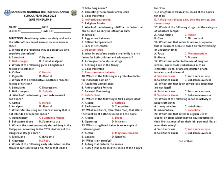 Drug Awareness Quiz for Students | PDF | Substance Abuse | Recreational ...
