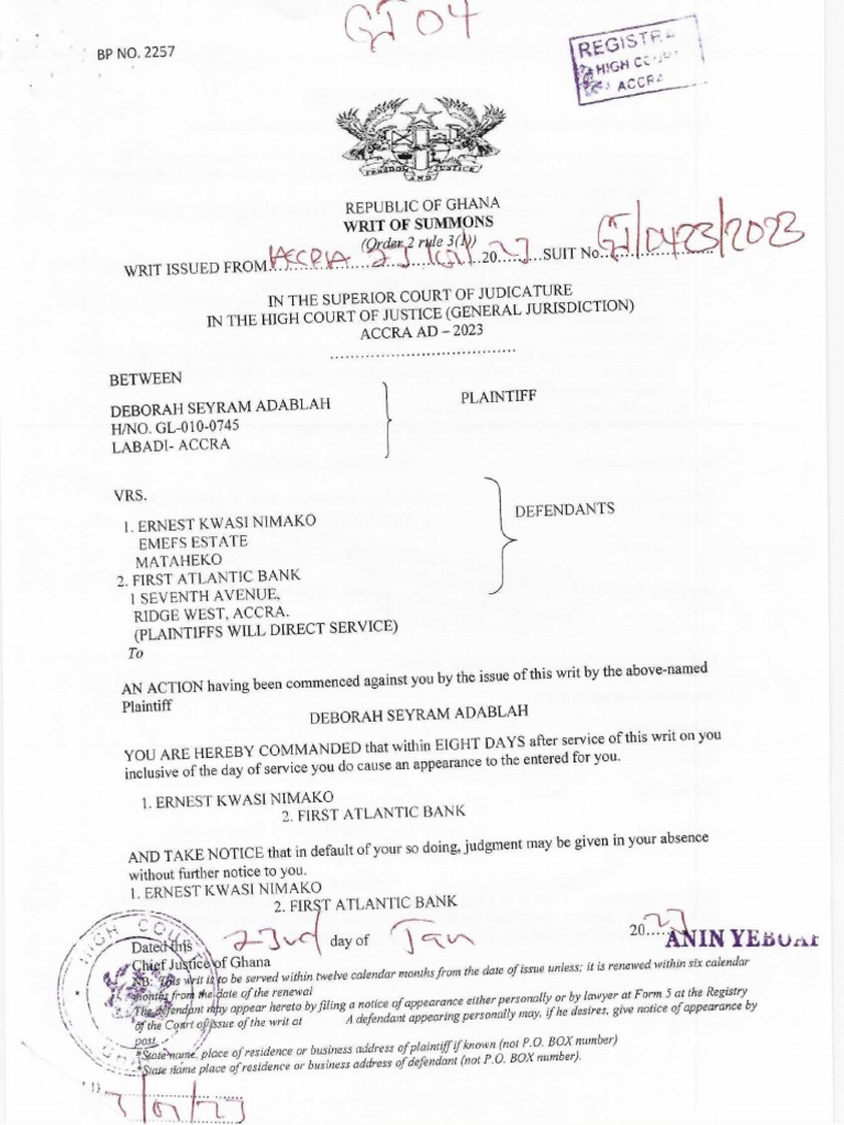 Deborah Adablah v. Ernest Kwasi Nimako and First Atlantic Bank Limited ...