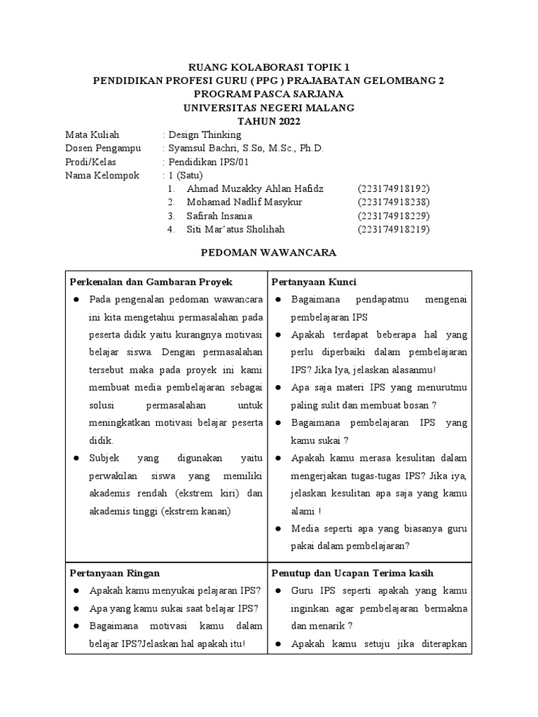 Pedoman Wawancara - Topik 2 - Design Thinking - KEL 1 | PDF