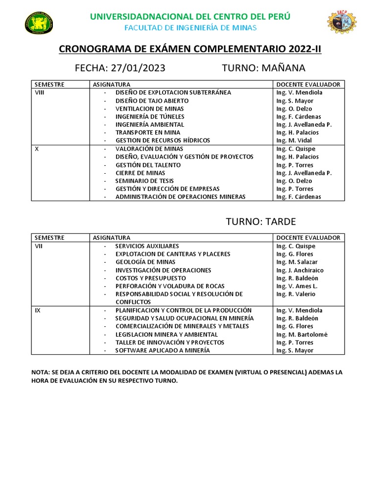 Cronograma de Exámen Complementario 27-01-2023 | PDF | Minería | Economias