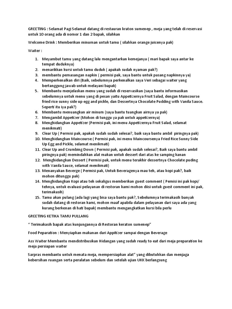 SOP Restaurant Service | PDF