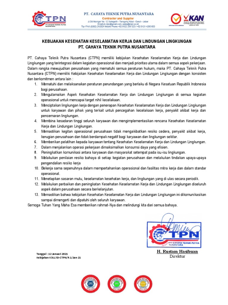 Kebijakan K3LL PT CTPN Ok | PDF
