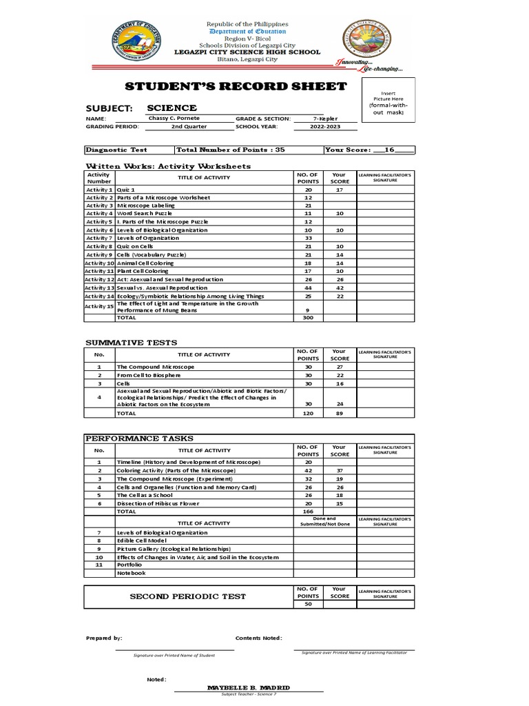 Chassy Pornete - Science 7 Record Sheet - Second Quarter - ODL | PDF ...