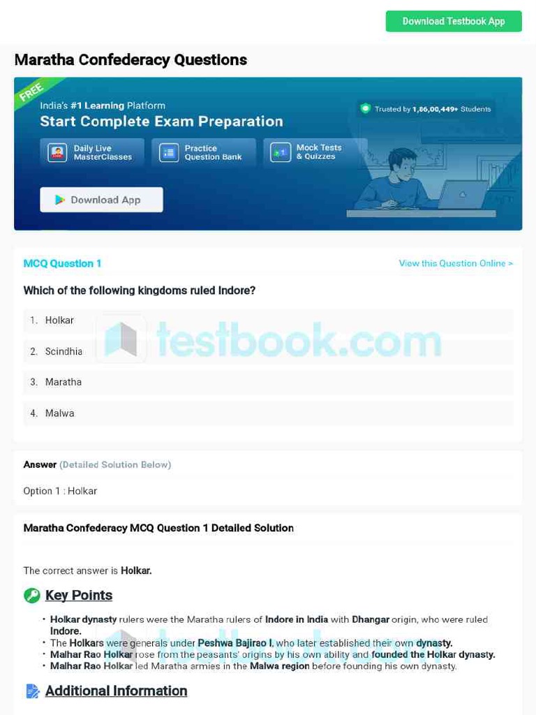 MCQ On Maratha Confederacy 5eea6a1239140f30f369ec20 | PDF