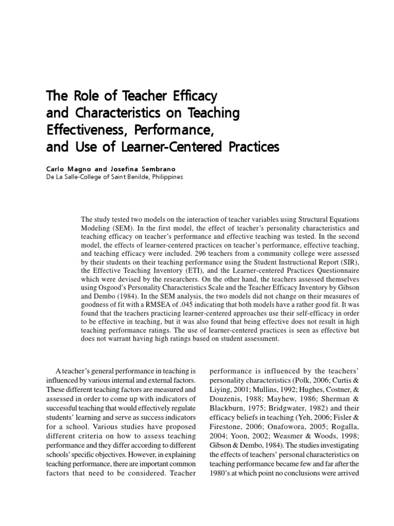 The Role of Teacher Efficiency and Characteristics On Teaching ...