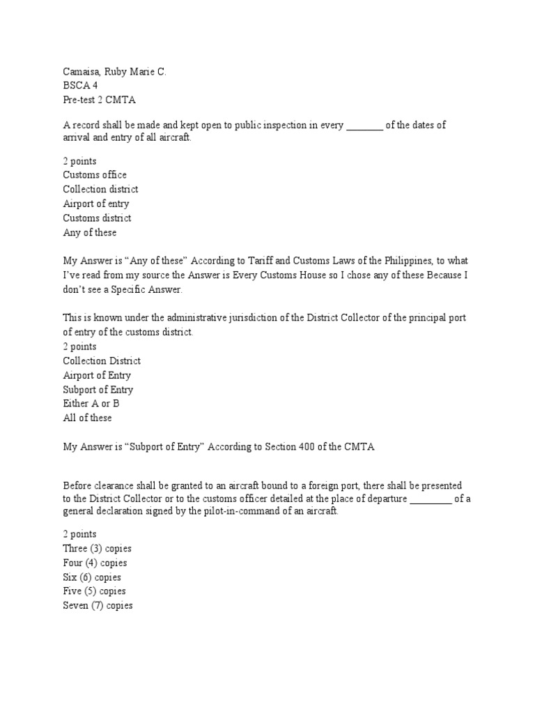Ruby Marie Camaisa - CMTA - Pretest Ratio-Assignment | PDF | Freight ...