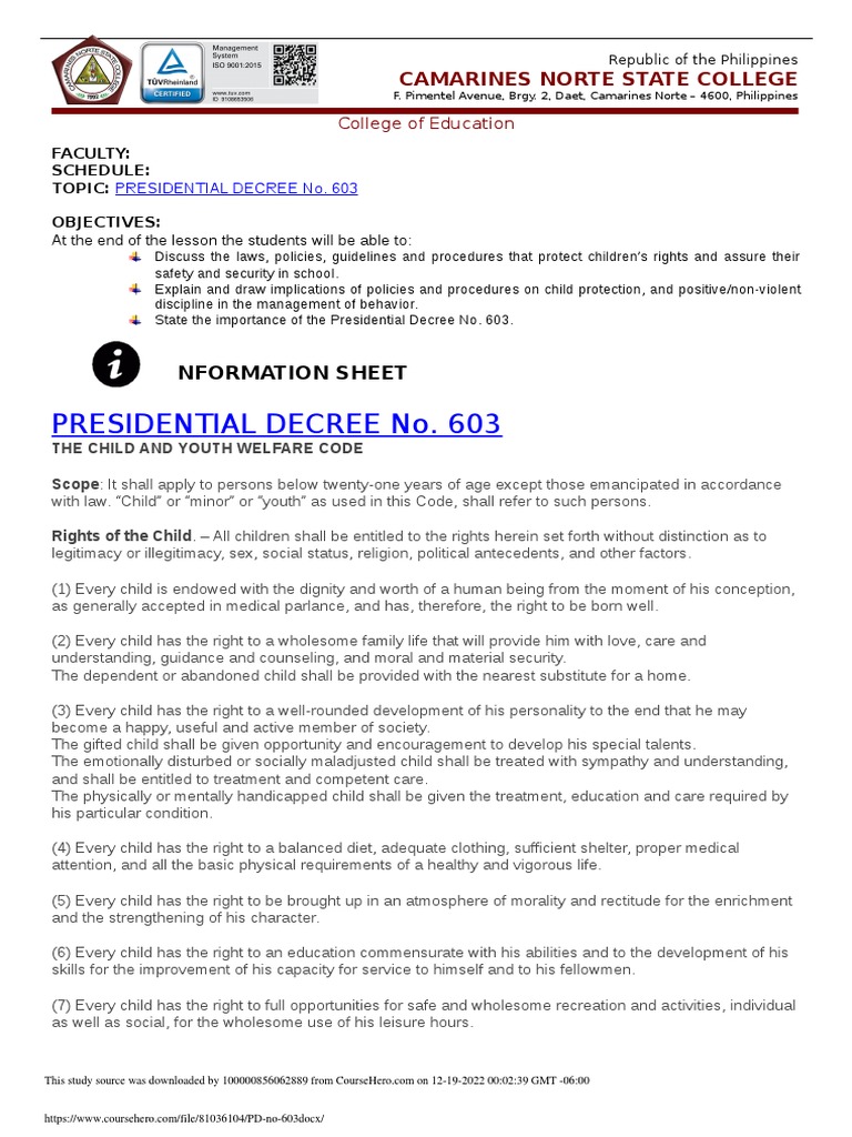 PD No. 603 | PDF | Legal Guardian | Employment