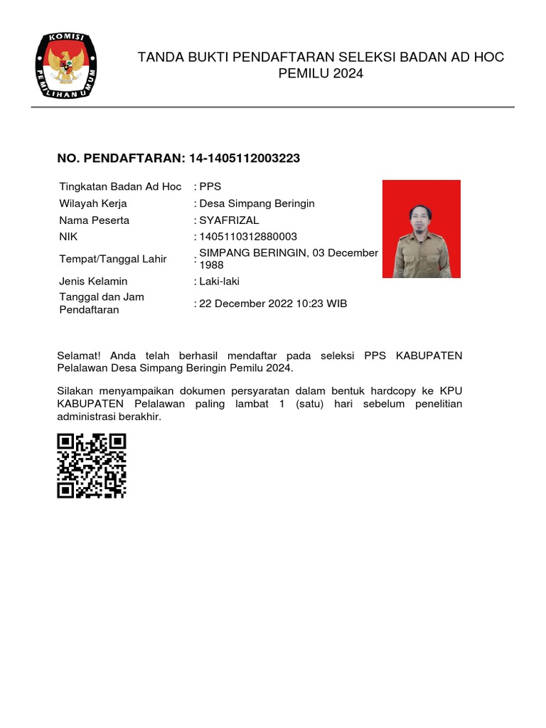 Tanda Bukti Pendaftaran Seleksi Badan Ad Hoc PEMILU 2024 | PDF