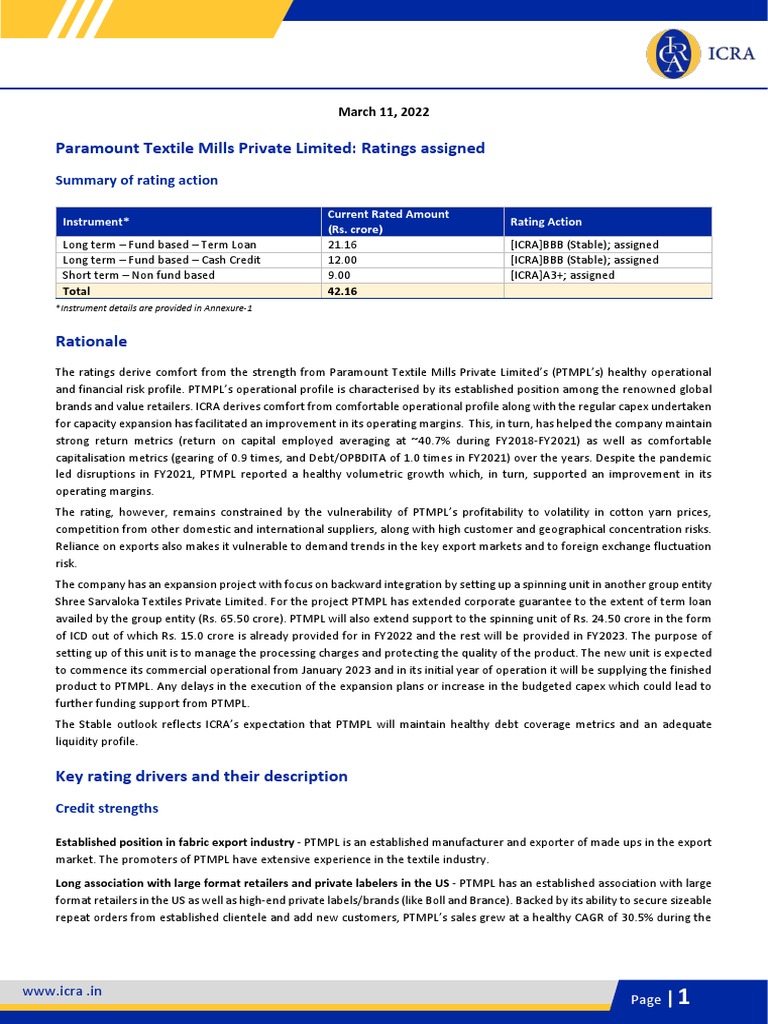Paramount Textile Mills Private Limited | PDF