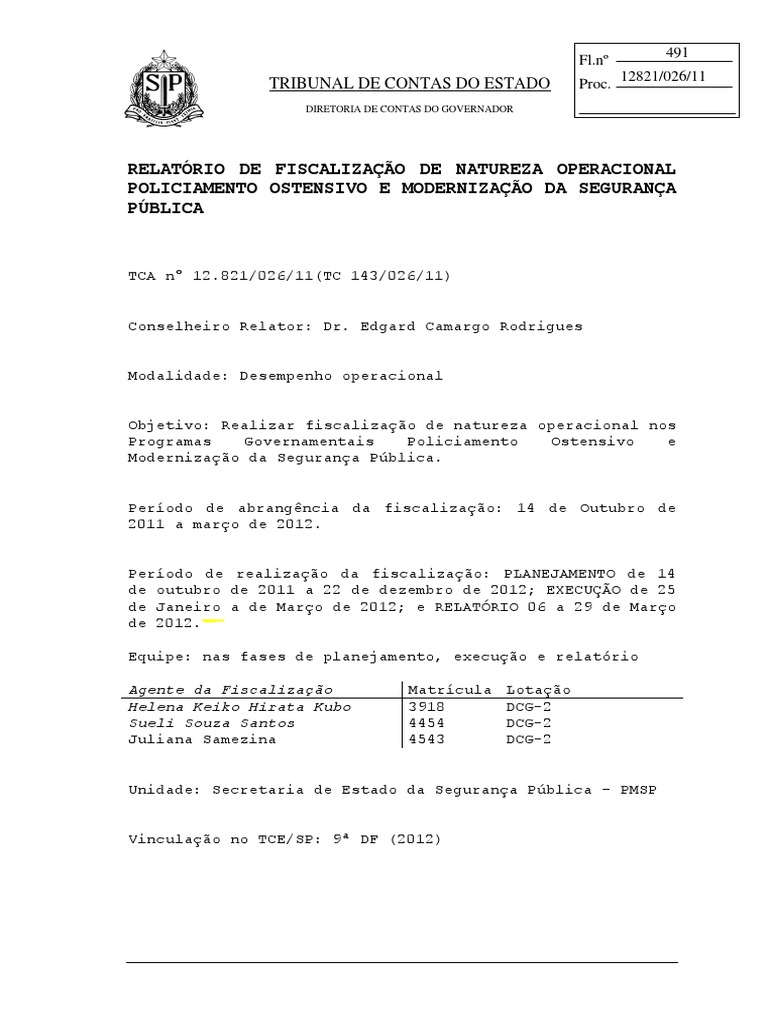 Relatorio Policiamento Ostensivo e Modernizacao Da Seguranca Publica ...