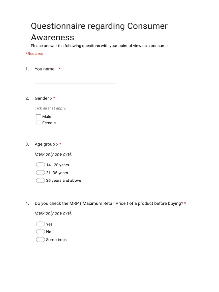 Questionnaire Regarding Consumer Awareness | PDF Questionnaire Regarding Consumer Awareness | PDF