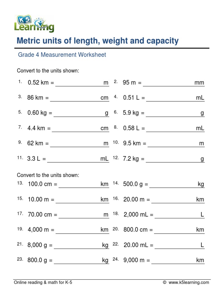 Grade 4 Convert Metric Units Length Weight Capacity F | PDF