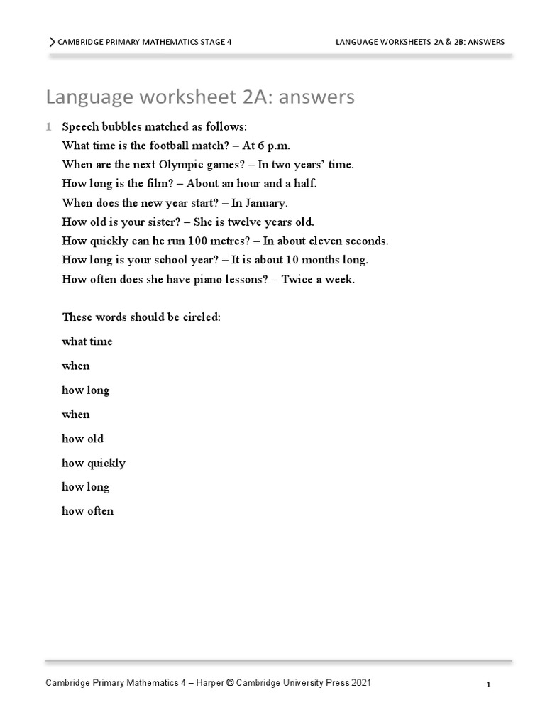 Prim Maths 4 2ed TR Lang Ws Answers 2 | PDF | Science