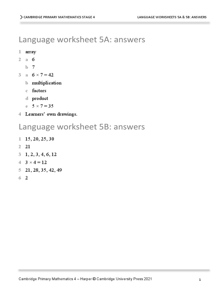Prim Maths 4 2ed TR Lang Ws Answers 5 | PDF