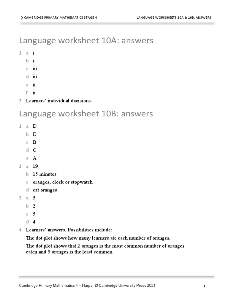 Prim Maths 4 2ed TR Lang Ws Answers 10 | PDF
