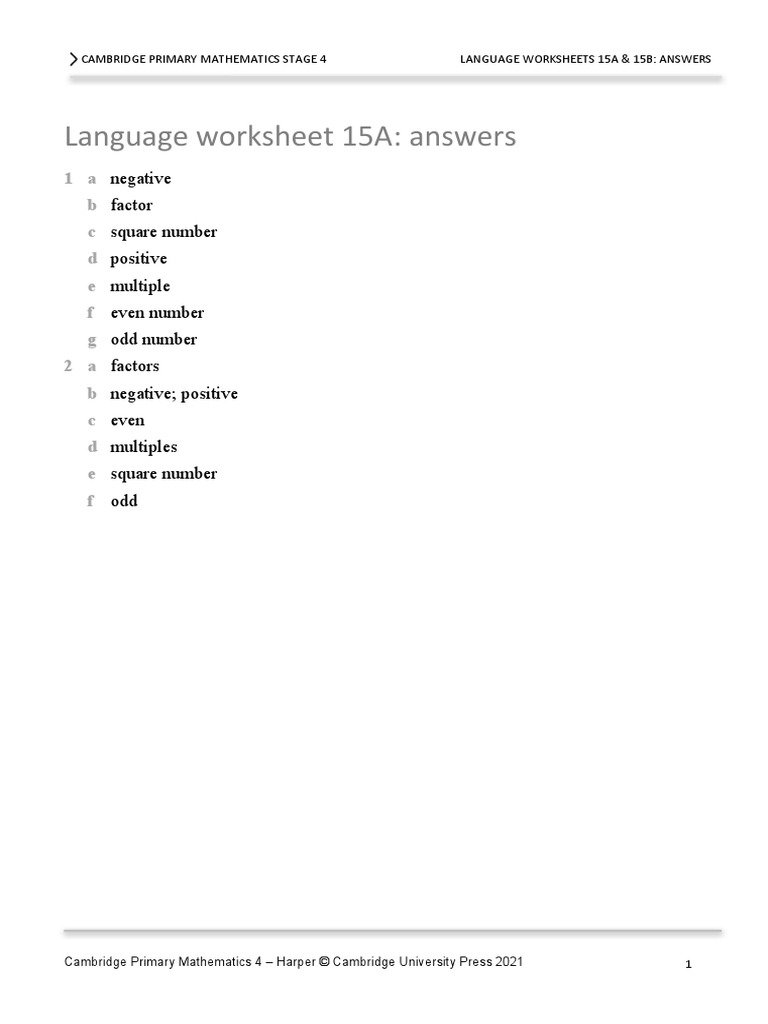 Prim Maths 4 2ed TR Lang Ws Answers 15 | PDF