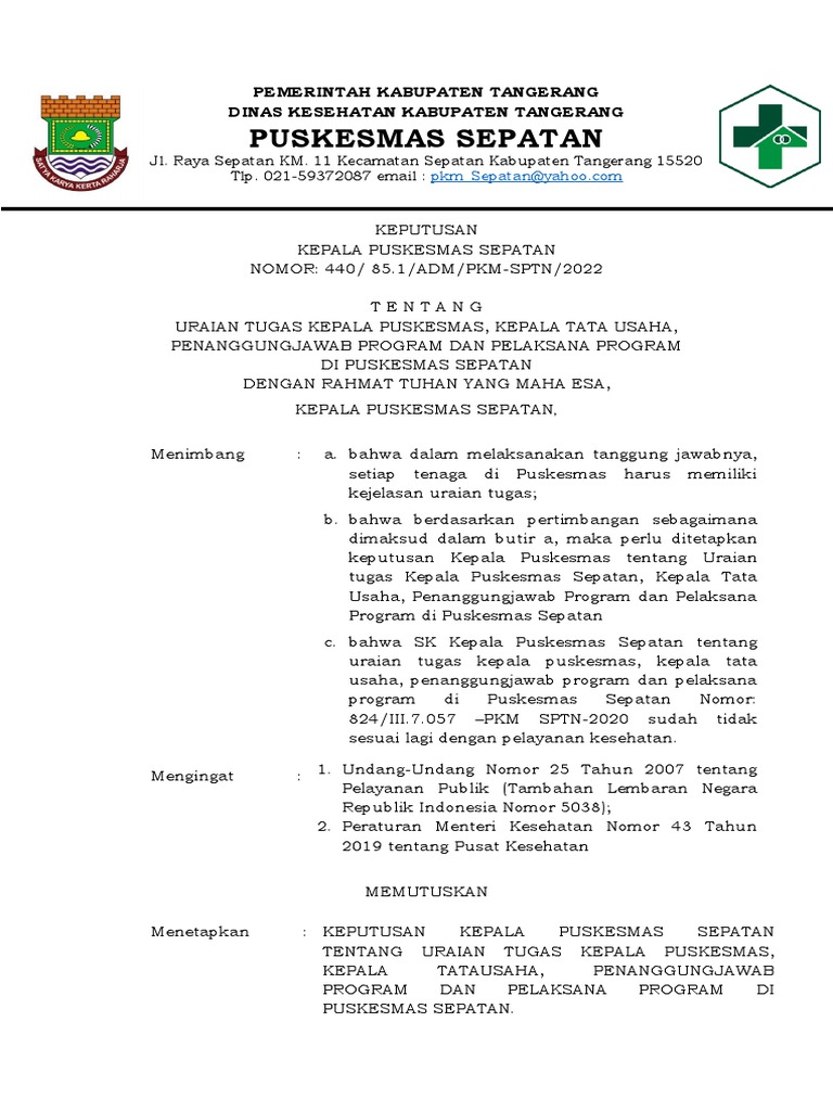 SK Uraian Tugas Kapus, Ktu, PJ Program PKM Sepatan 2022 | PDF