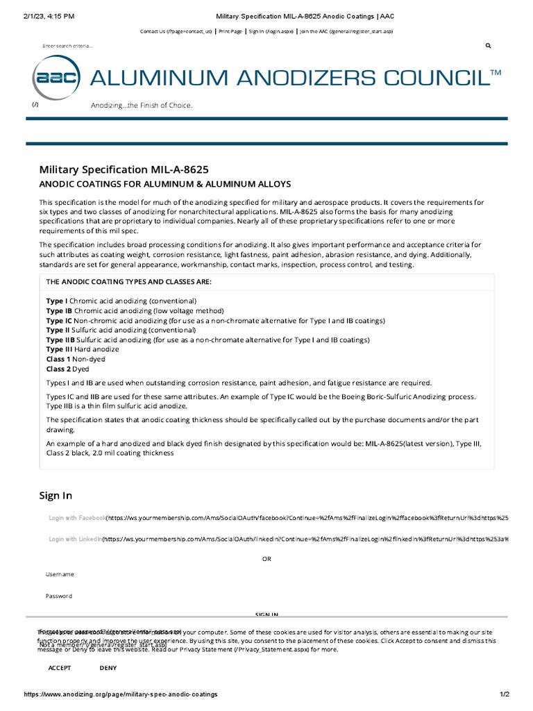 Military Specification MIL-A-8625 Anodic Coatings - AAC | PDF ...
