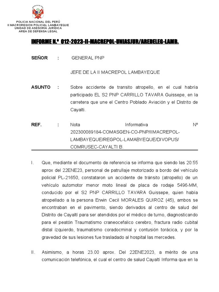 Informe 012-2023 Caso Accidente de Transito | PDF | Policía