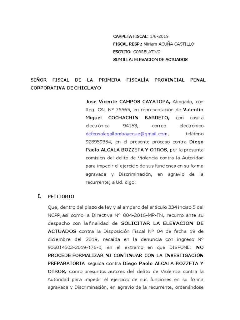 Queja de Derecho Contra La Disposicion Fiscal Que Dispone No Formalizar La Investigacion ...