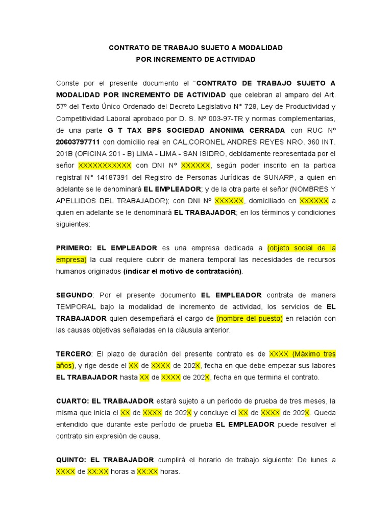 Contrato Por Incremento de Actividad - GT | PDF | Derecho laboral | Personal
