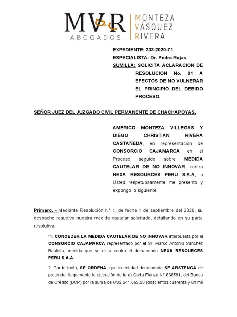 Solicito Aclaracion de Resolucion #01. Exp. 233-2020-71 | PDF | Judicaturas | Ley Pública