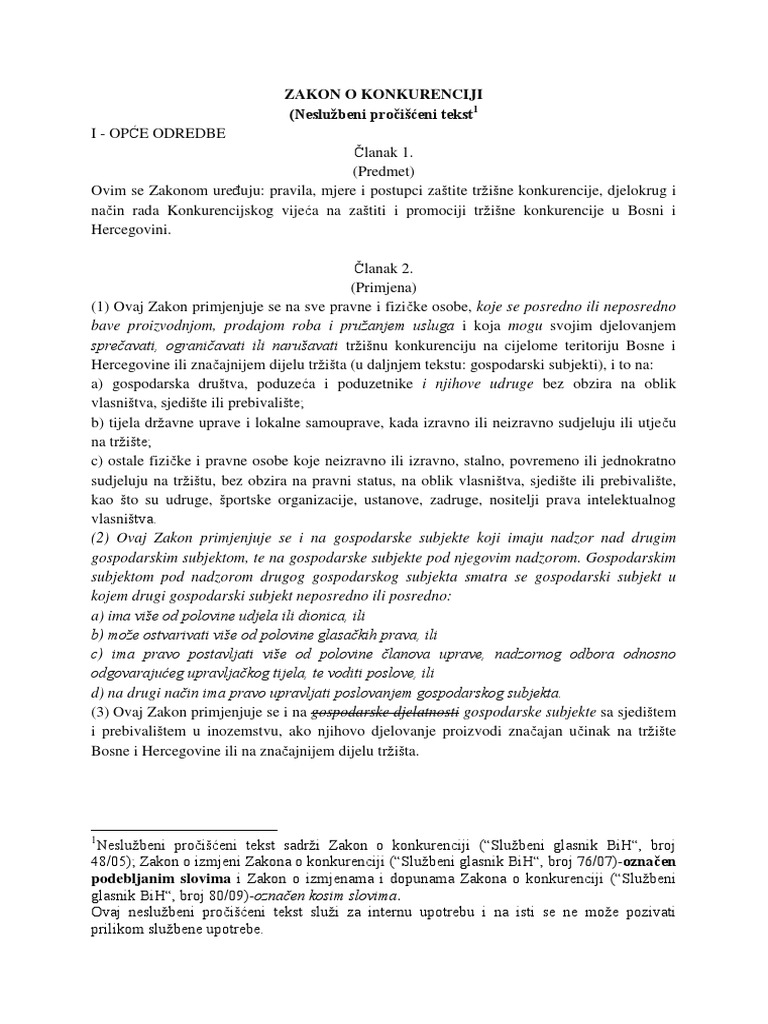 Zakon o Konkurenciji - Neslužbeni Prečišćeni Tekst | PDF