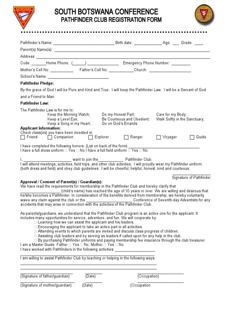 Pathfinder Registration Form | PDF | Adventism | Seventh Day Adventist ...