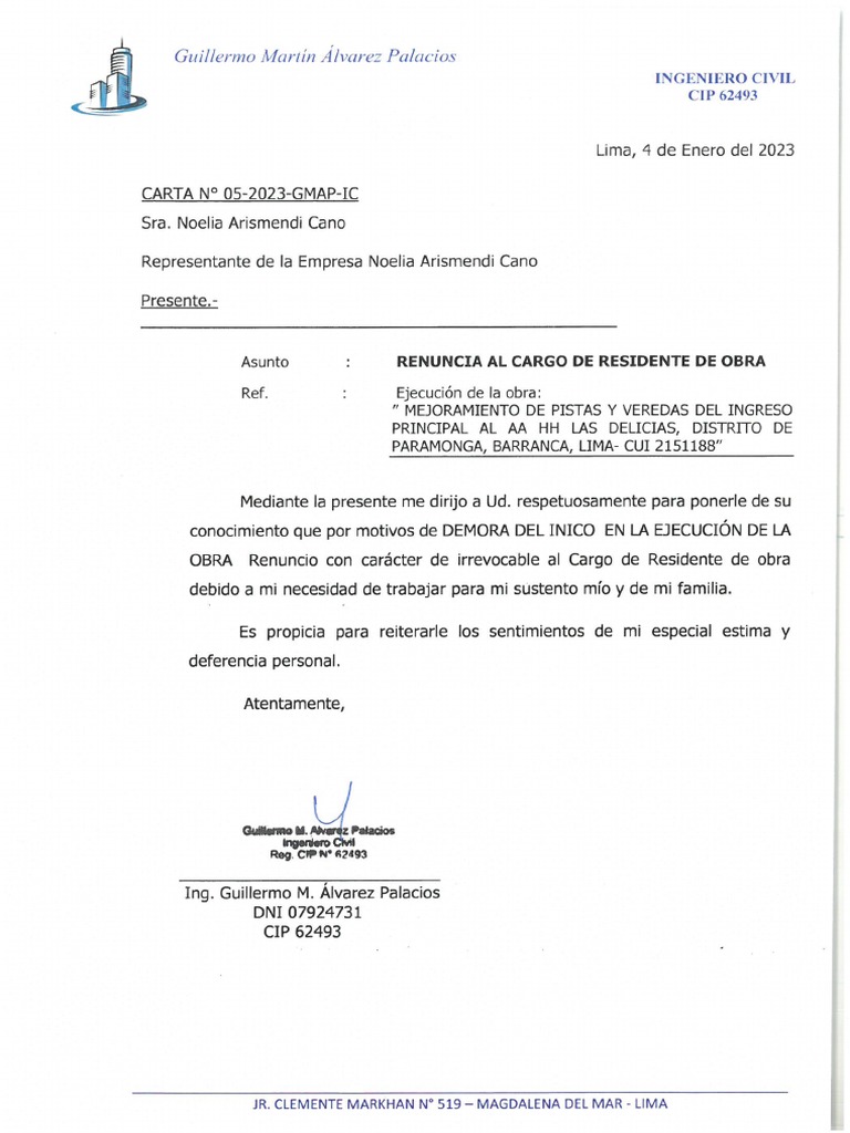 Carta Ded Renuncia de Residente | PDF
