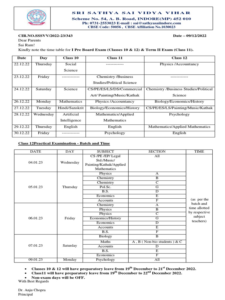 I Pre Board and Term II Time Table | PDF | Science