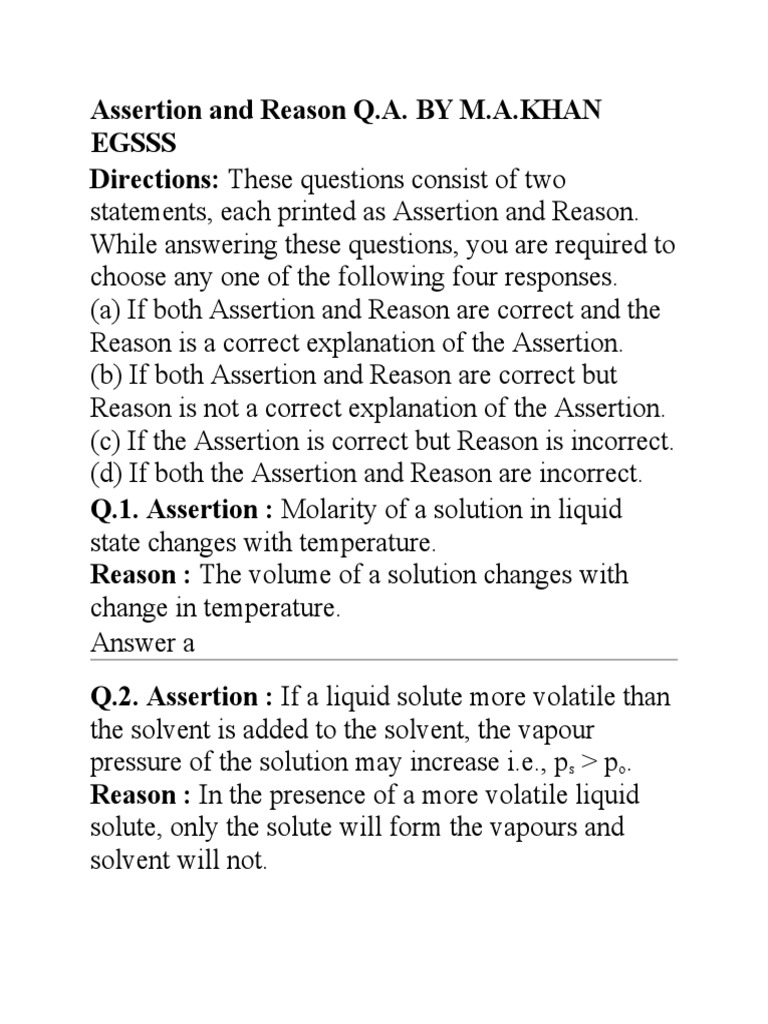 Assertion and Reason Q.A. | PDF | Chemistry | Physical Sciences