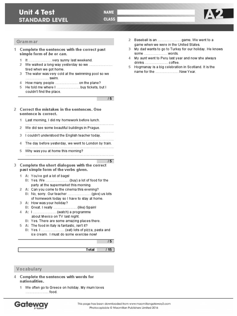 A2 UNIT 4 Test Standard | PDF