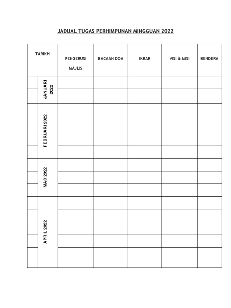 JADUAL TUGAS PERHIMPUNAN MINGGUAN 2022editogos2022 | PDF
