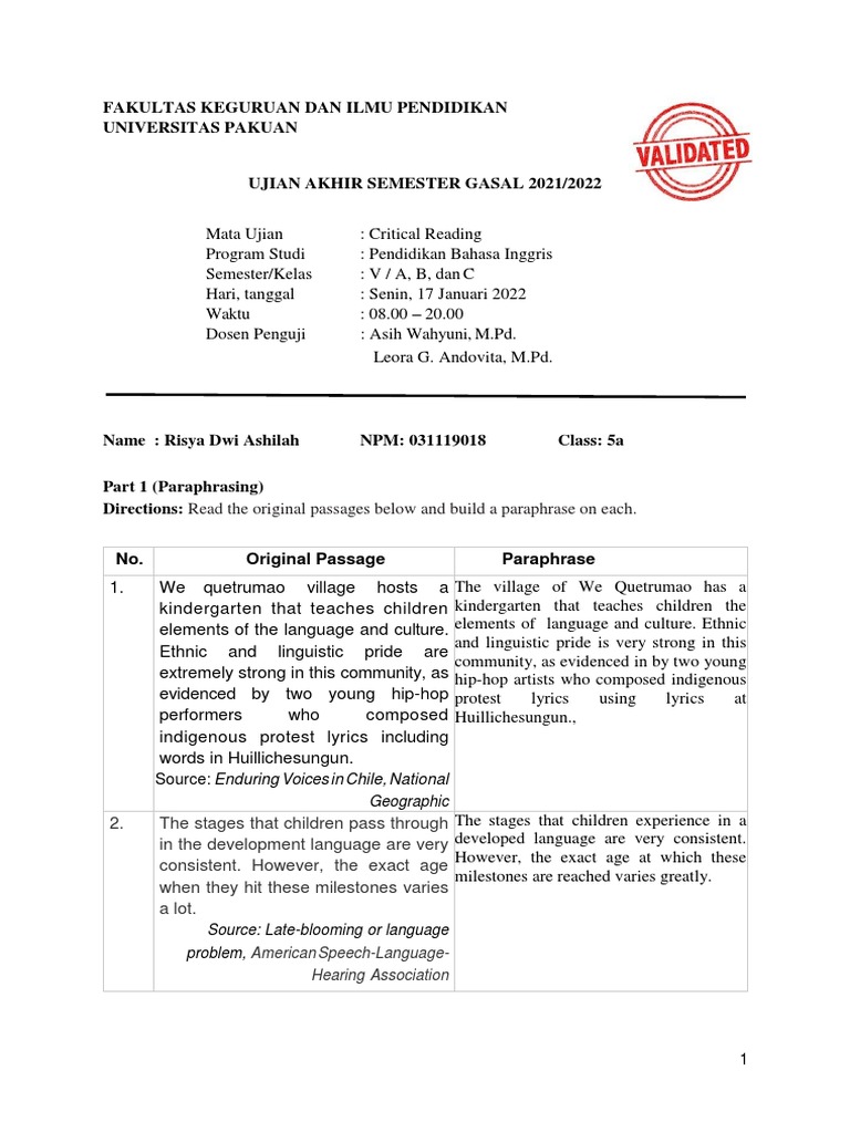 Risya Dwi Ashilah - Valid UAS CR ABC 2021-2022 | PDF | Educational Assessment | Validity ...