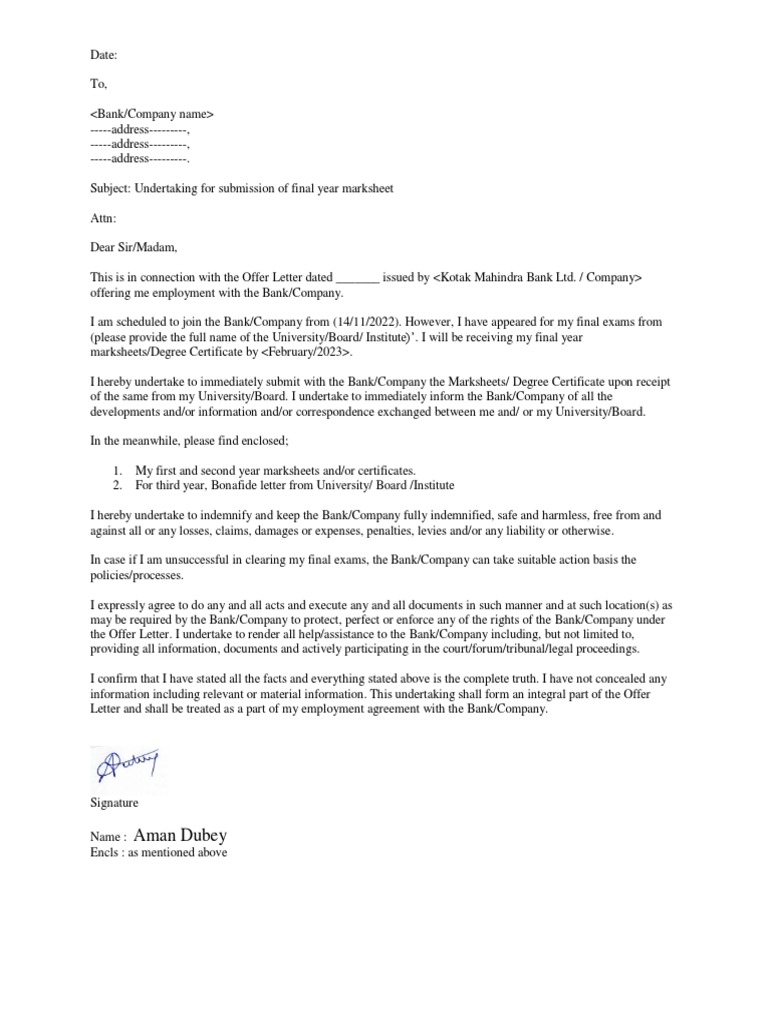 Undertaking For Submission of Final Year Marksheet | PDF