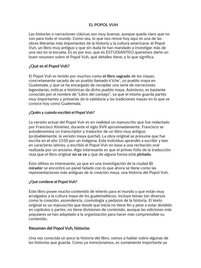 ¿Qué Es El Popol Vuh? | PDF