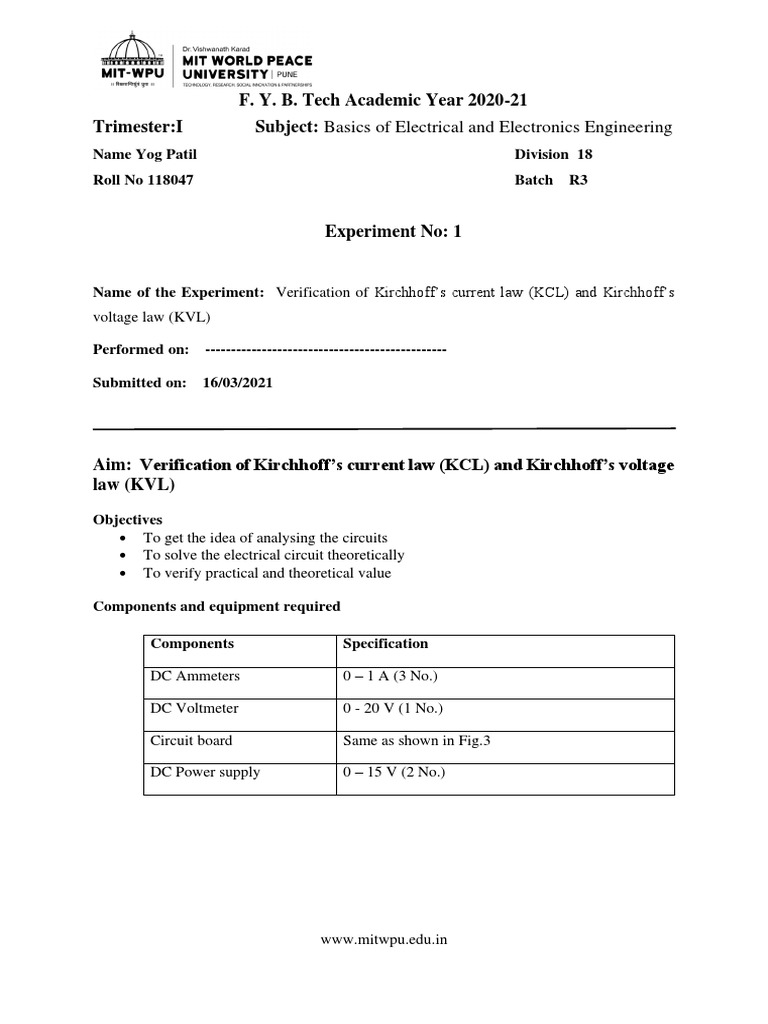 Yog Patil - Expt. No. 1 | PDF | Voltage | Electrical Network