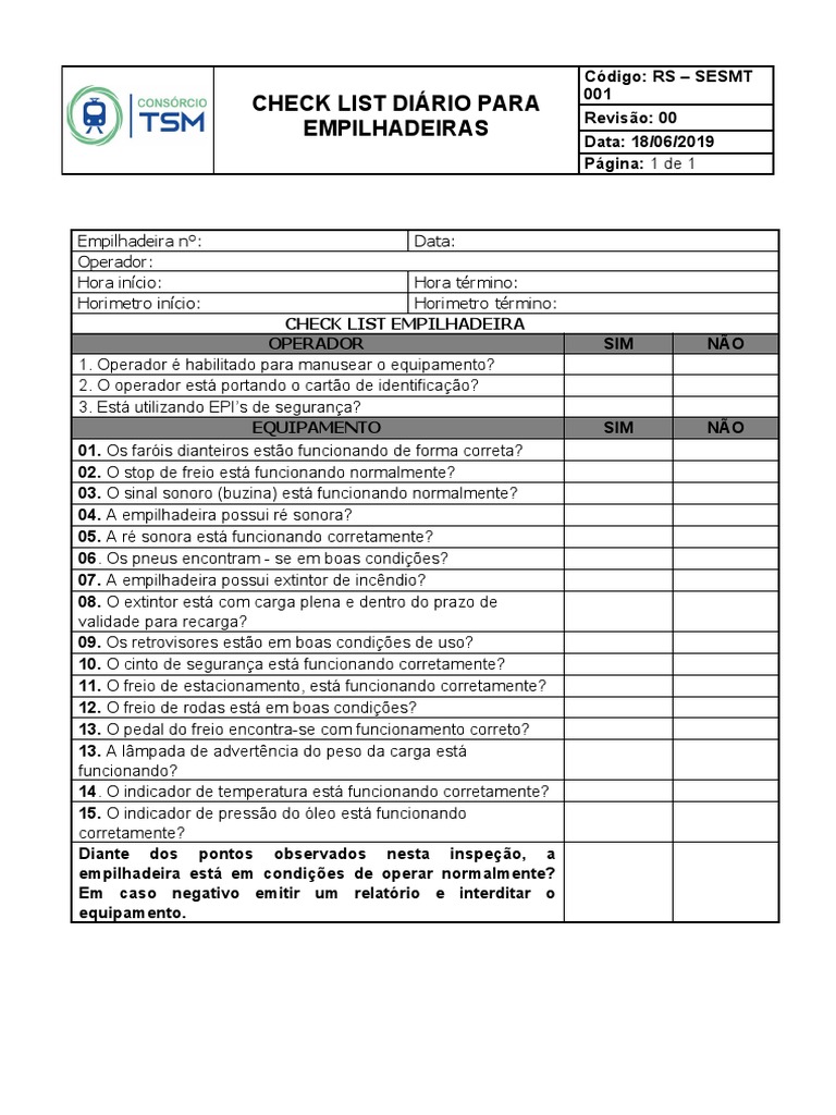 Check List Empilhadeiras | PDF