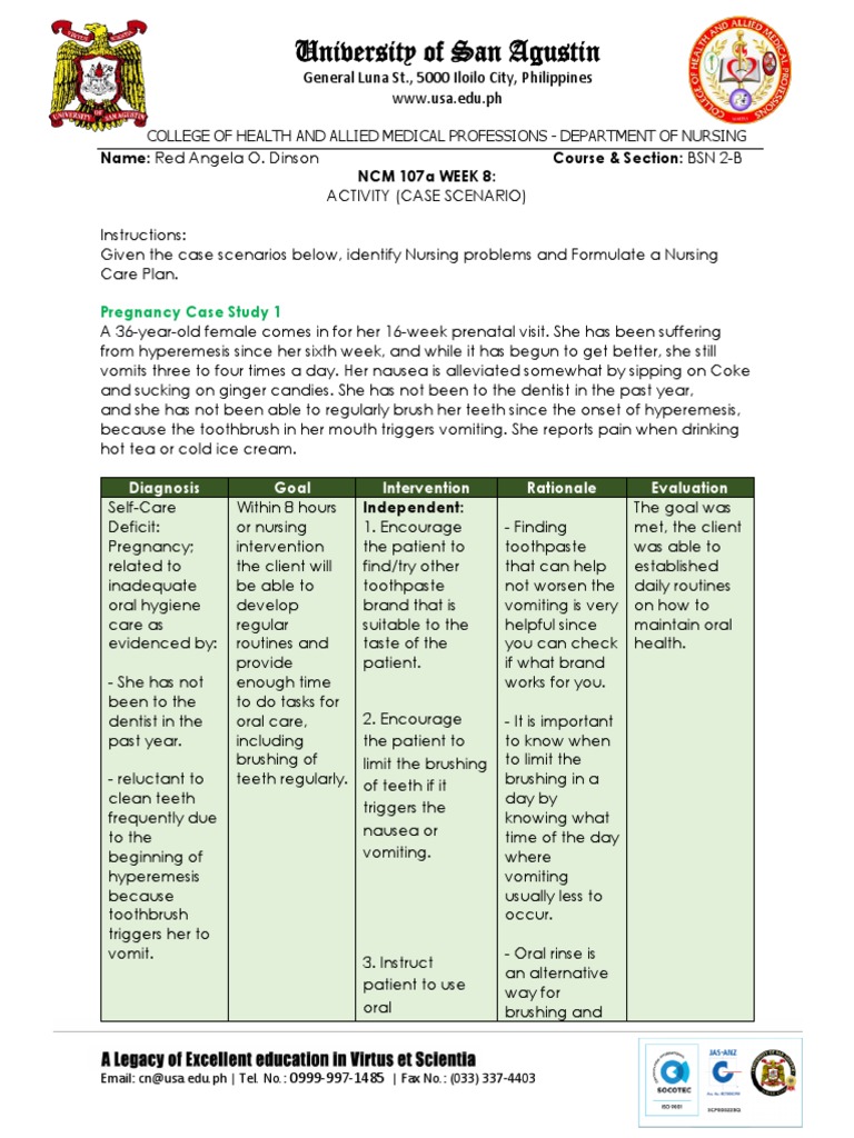WEEK 8 ACTIVITY (CASE SCENARIO) - Dinson, Red Angela O. BSN 2-B | PDF | Oral Hygiene | Dentistry