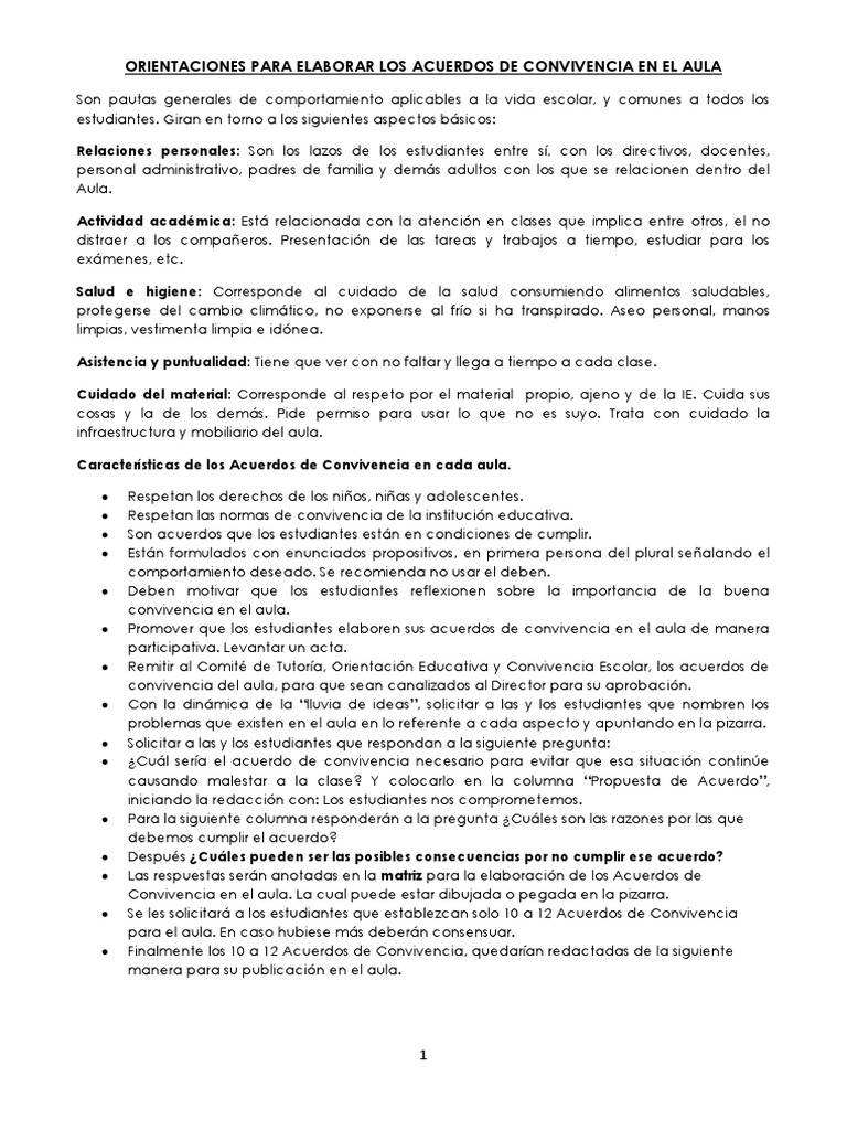 Orientaciones para Elaborar Los Acuerdos de Convivencia en El Aula ...