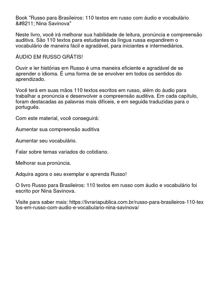 Russo para Brasileiros - 110 Textos em Russo Com Áudio e Vocabulário ...