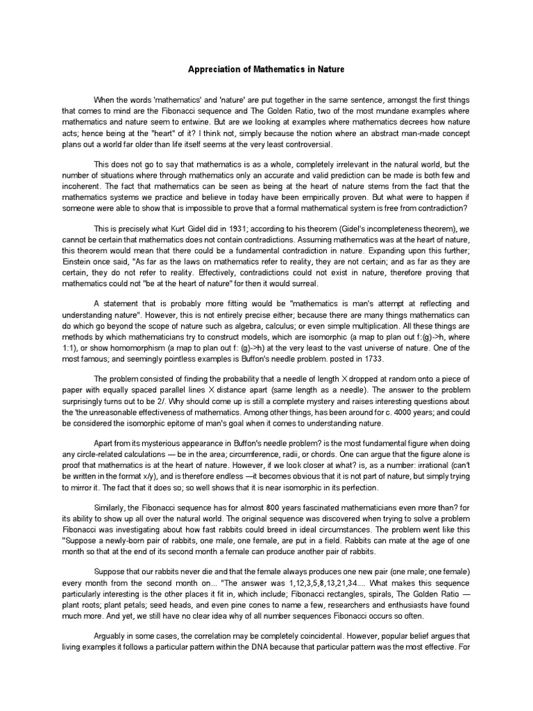 Appreciation of Mathematics in Nature Essay | PDF | Mathematics | Theorem