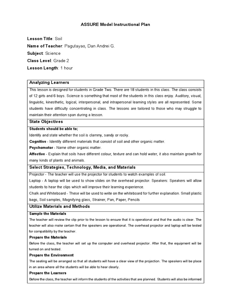 Assure Model Instructional Plan | PDF | Teachers | Learning