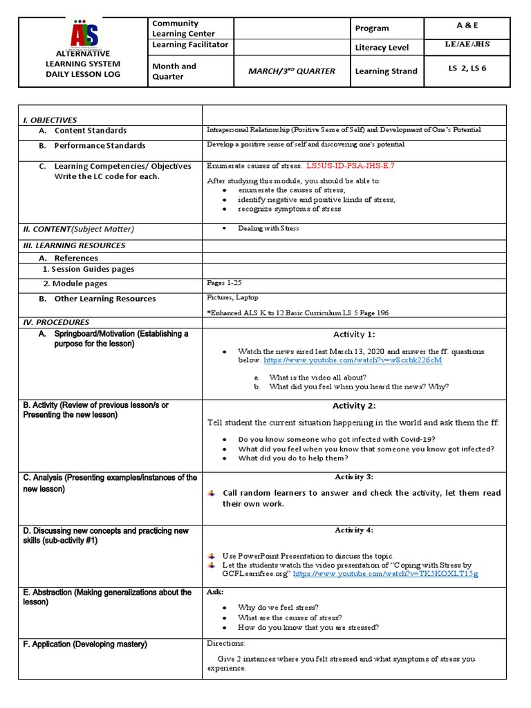ALS LS 5 - Dealing Stress | PDF | Learning | Stress (Biology)