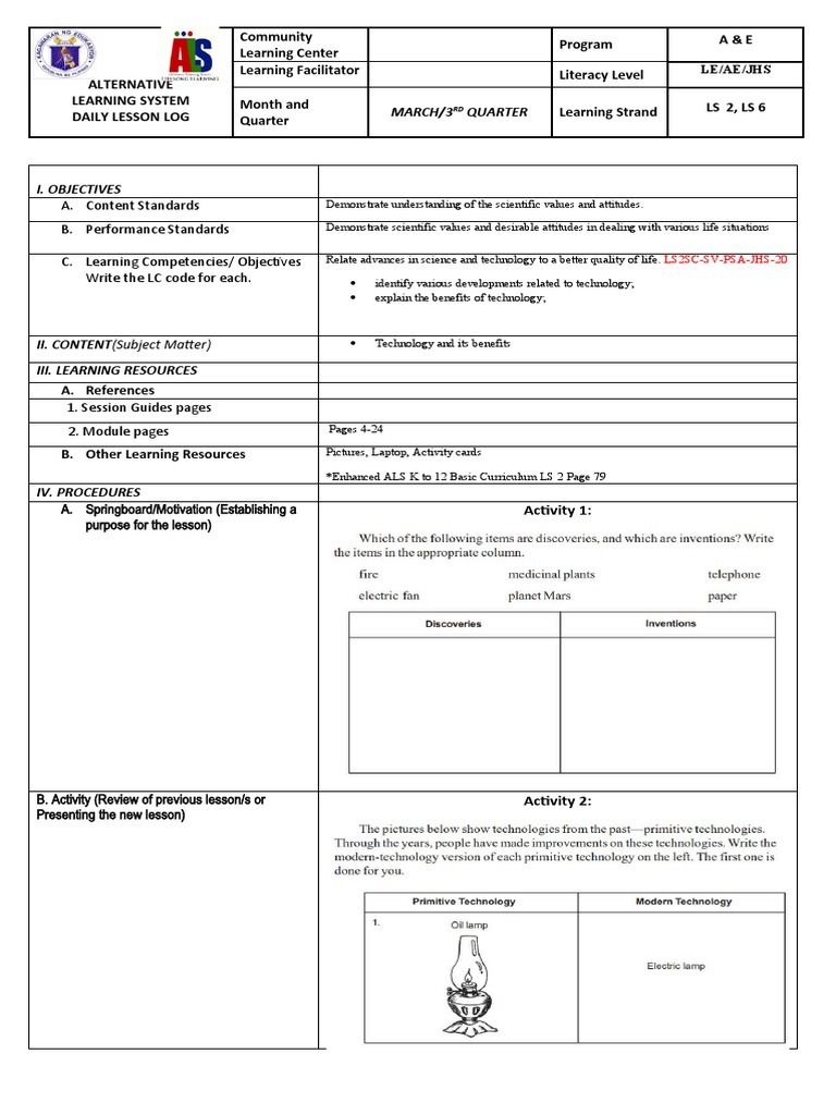 ALS Science & Tech Lesson Plan | PDF | Learning | Innovation
